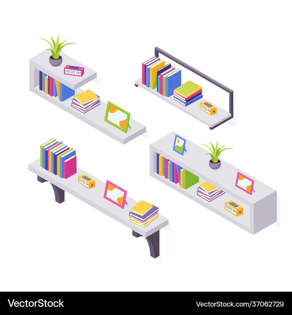 Books on shelf in isometric Royalty Free Vector Image