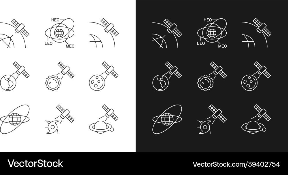 Satellites functions linear icons set for dark Vector Image