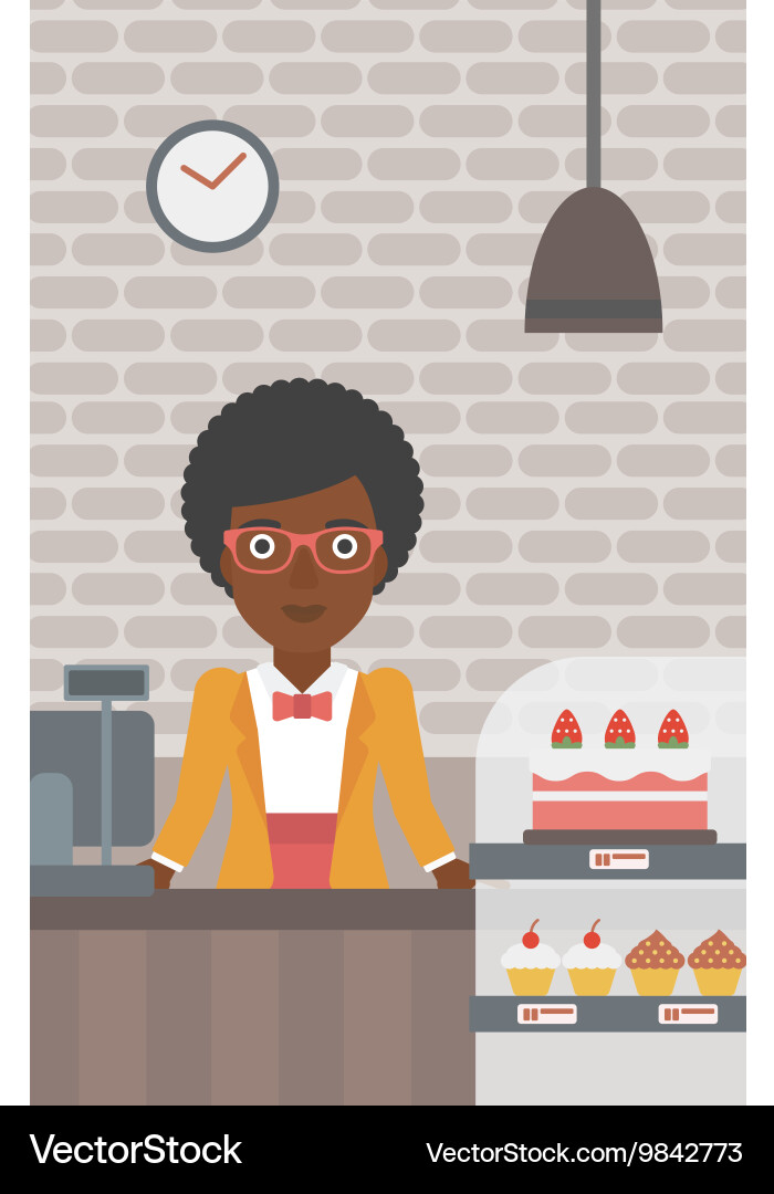 Worker standing behind the counter at the bakery Vector Image