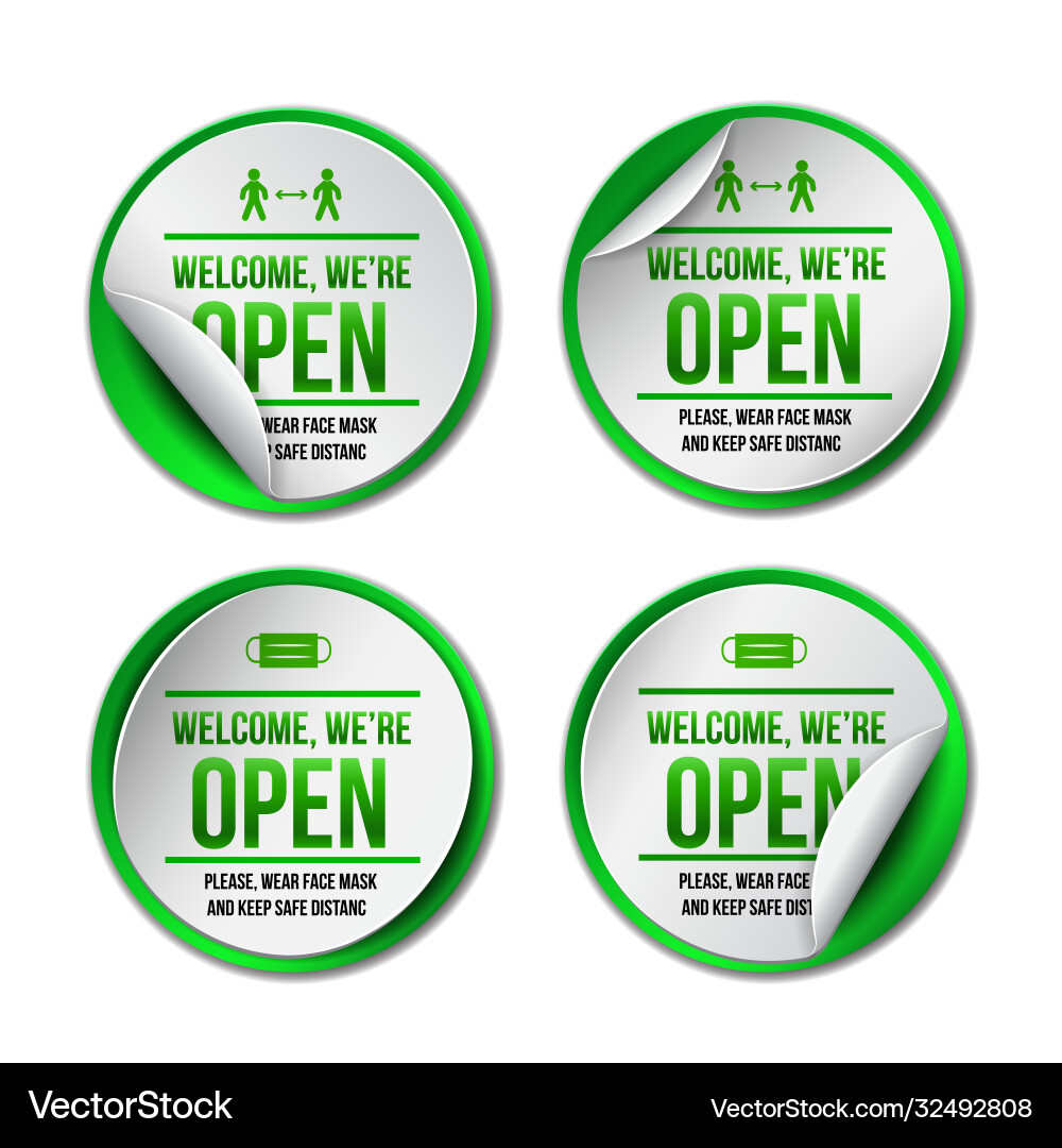 Open sign on green label - welcome back set Vector Image