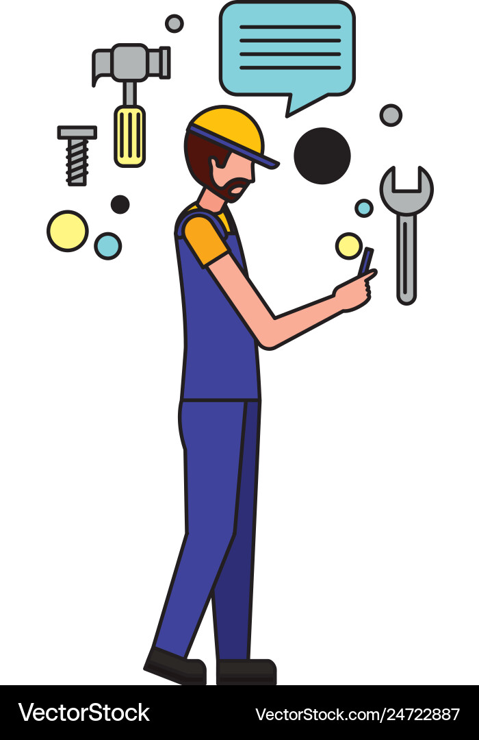 Worker man using mobile media icons Royalty Free Vector