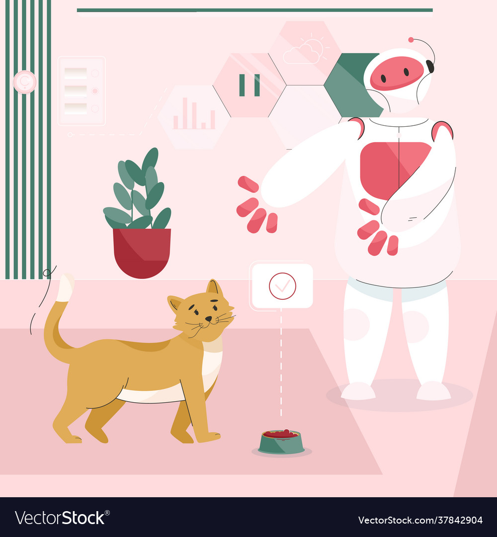 Robot assistant feeds cat in room pet living Vector Image