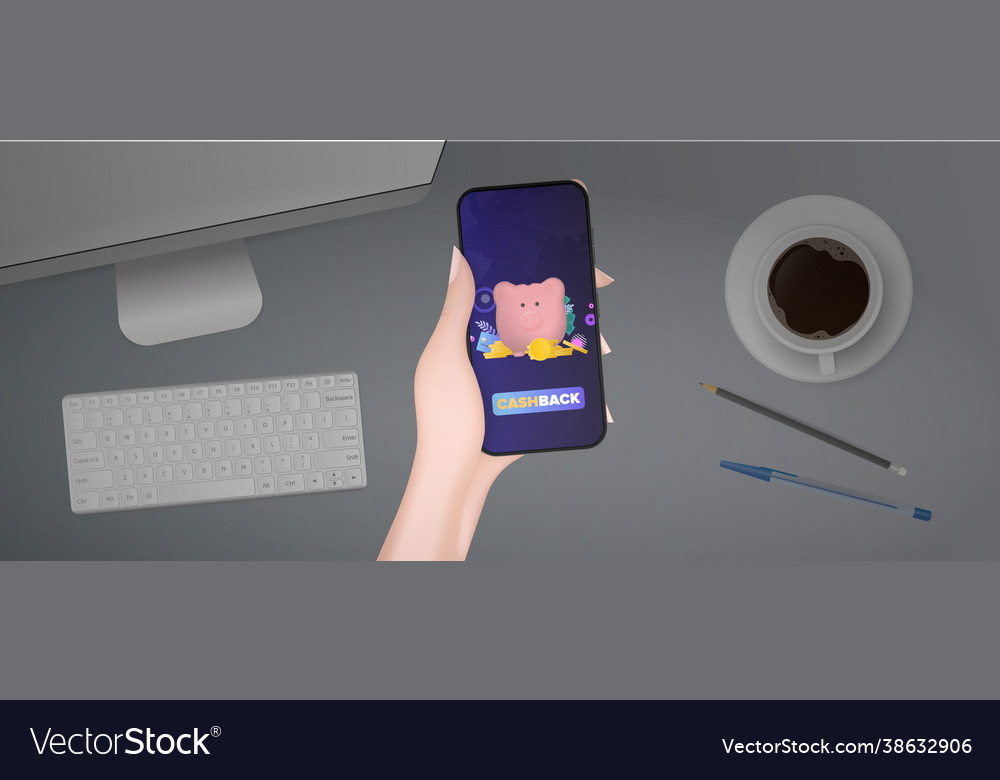 A hand holds phone with cashback application Vector Image A hand holds phone with cashback application Vector Image