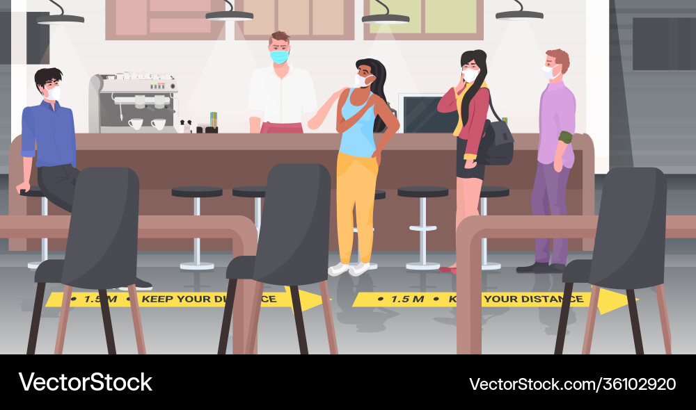 Cafe visitors keeping distance to prevent Vector Image