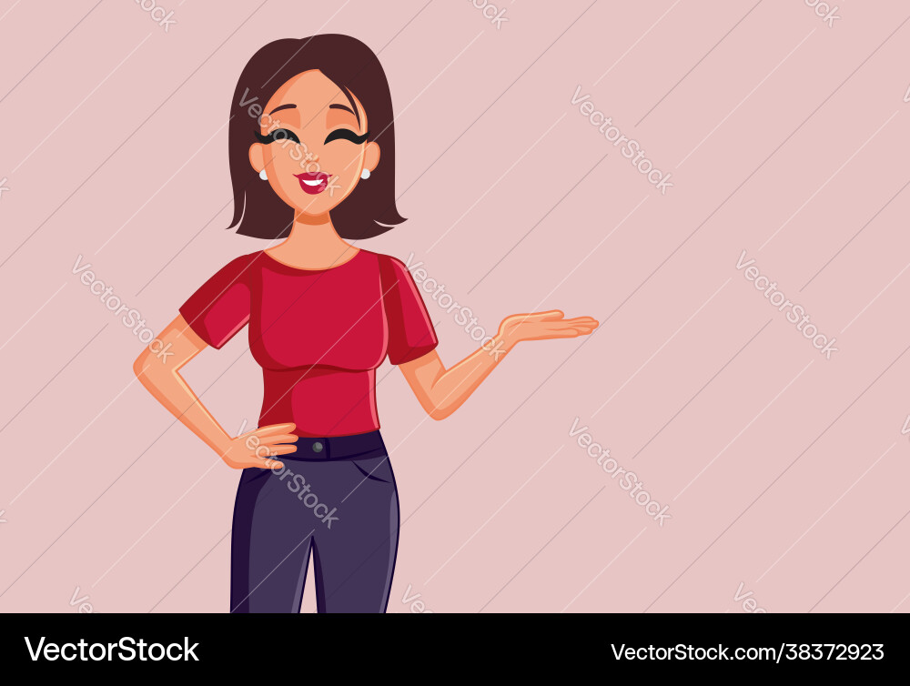 Happy smiling woman making a presentation gesture Vector Image
