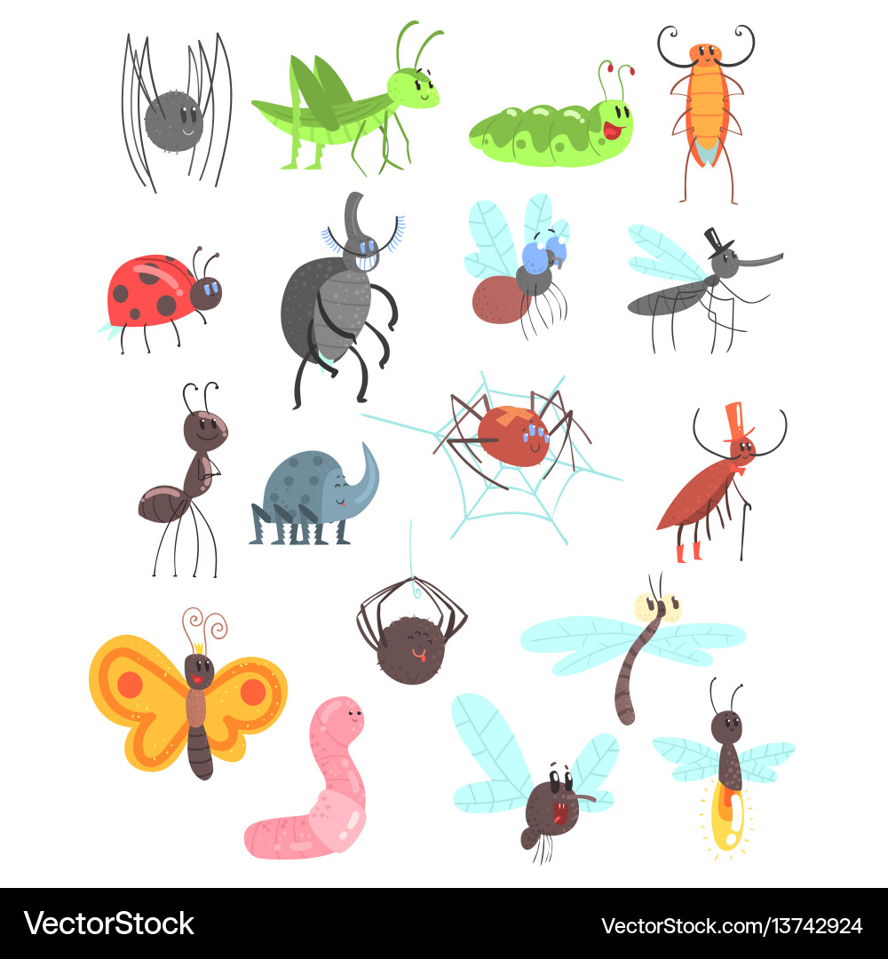 Cute friendly insects set with cartoon bugs Vector Image