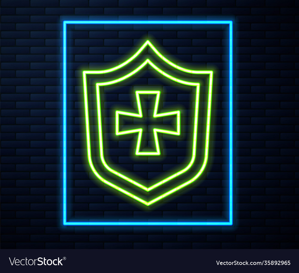 Glowing neon line shield icon isolated on brick Vector Image
