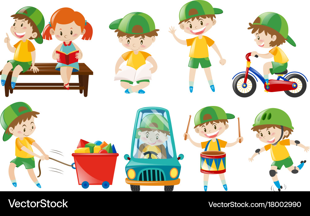Happy boy doing different actions Royalty Free Vector Image