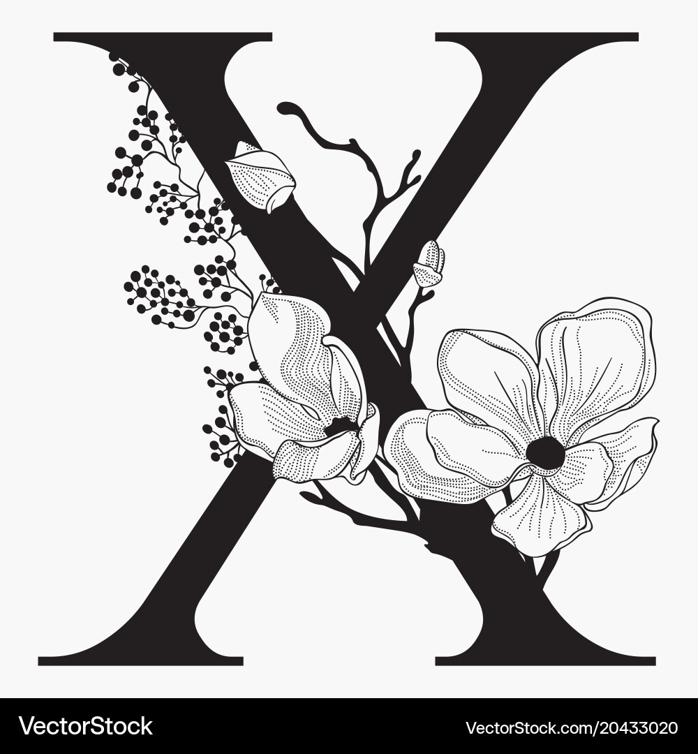 Hand drawn floral uppercase x monogram Royalty Free Vector