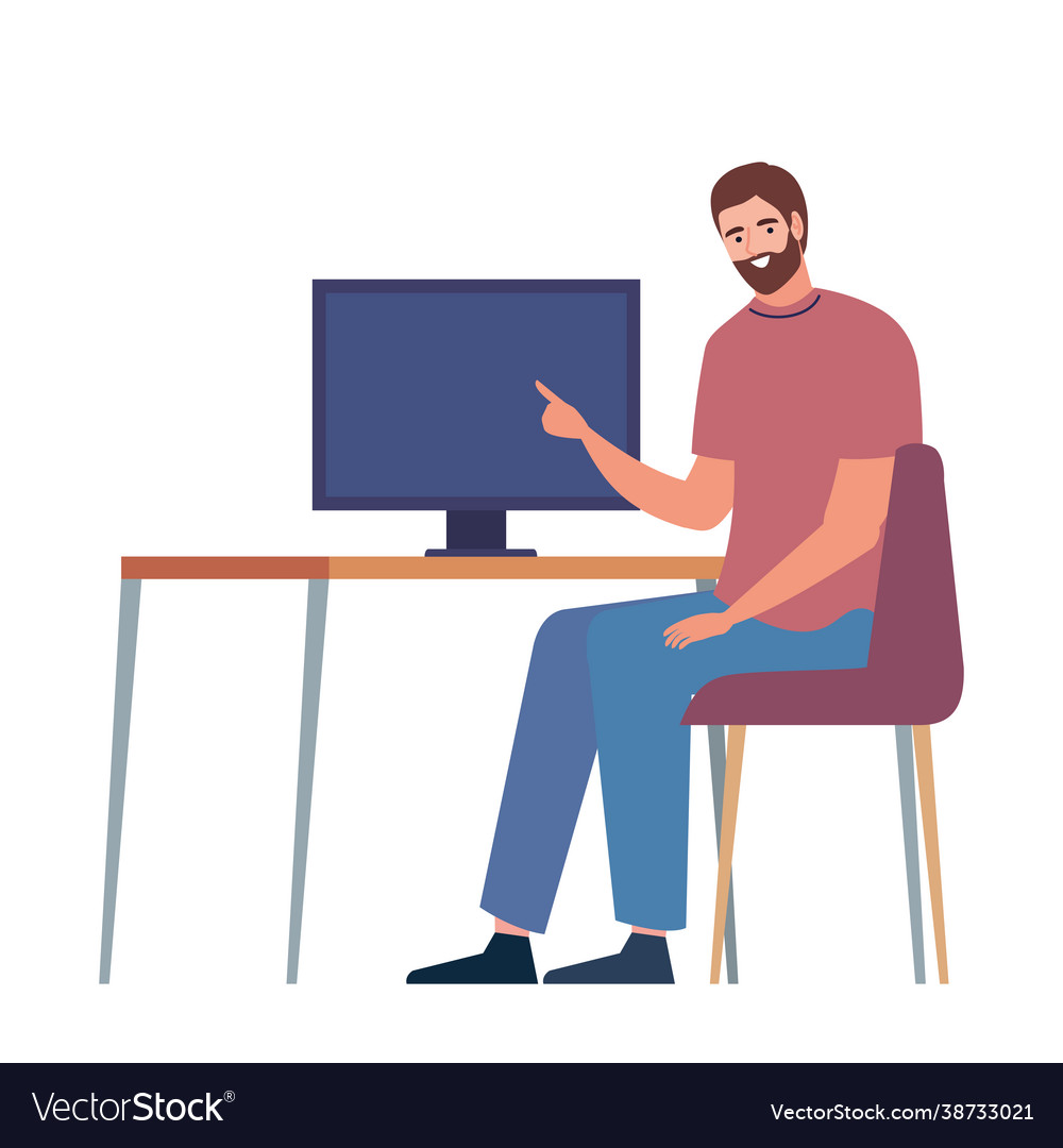 Man in desktop computer Royalty Free Vector Image