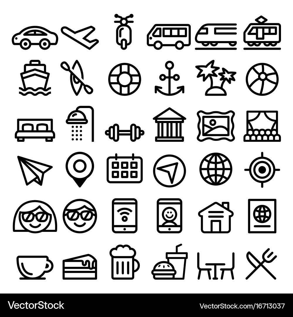 Travel line icons set transport holidays Vector Image