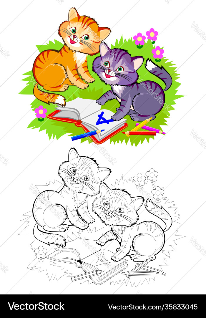 Page for coloring book two cute cats learning Vector Image