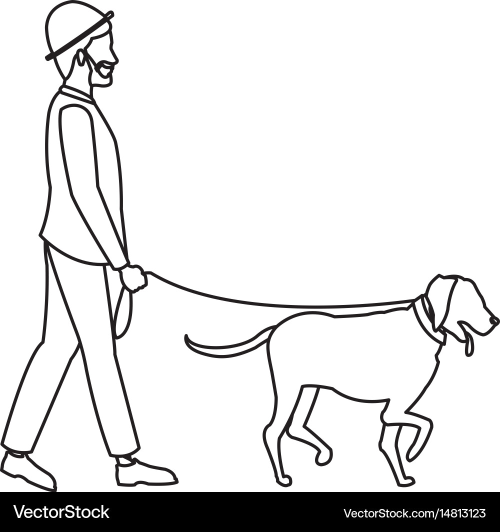 Bearded gentleman man walking with dog outline Vector Image