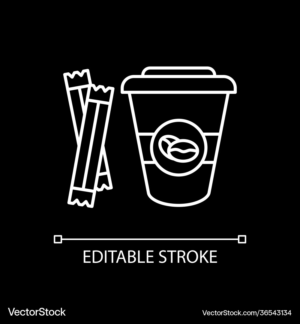 Coffee cup and sugar sticks white linear icon Vector Image