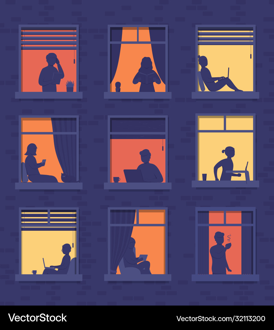 People in windows apartment building look out Vector Image