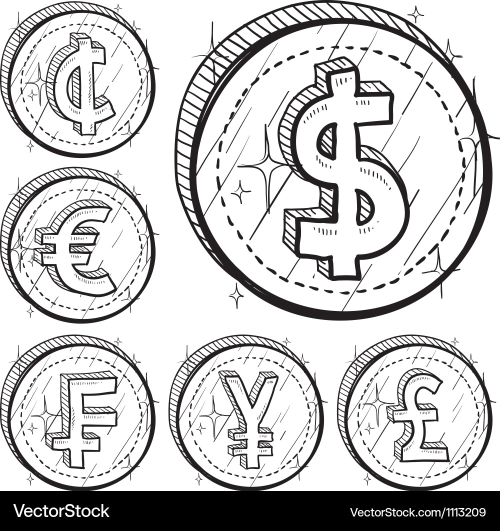 Doodle currency coin set Royalty Free Vector Image