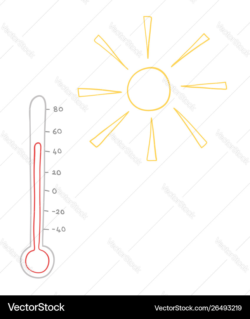Hand-drawn hot weather sun and thermometer Vector Image