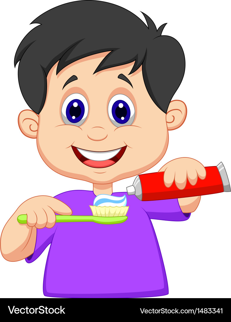 Kid cartoon squeezing tooth paste on a toothbrush Vector Image