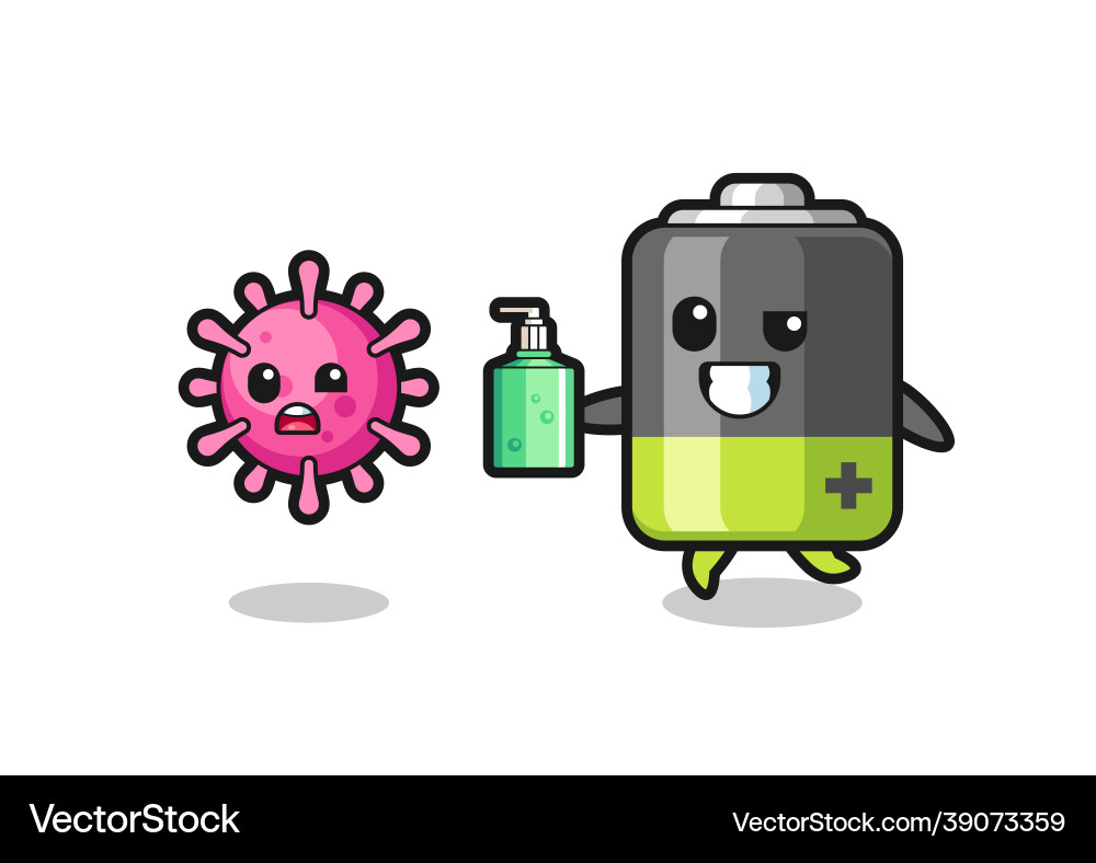 Battery character chasing evil virus with hand Vector Image
