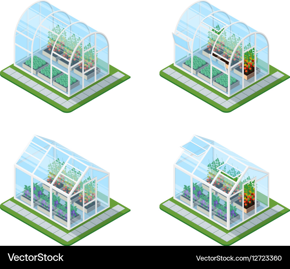 Glass greenhouse isometric set Royalty Free Vector Image