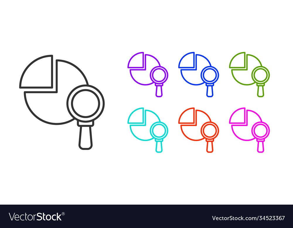 Black line magnifying glass and data analysis icon