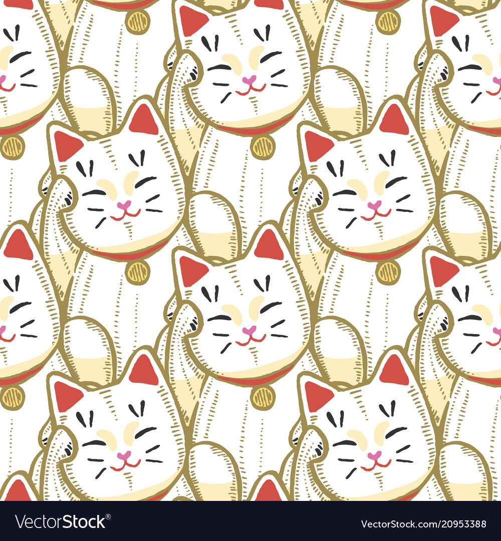 Maneki neko pattern in hand drawn style Royalty Free Vector