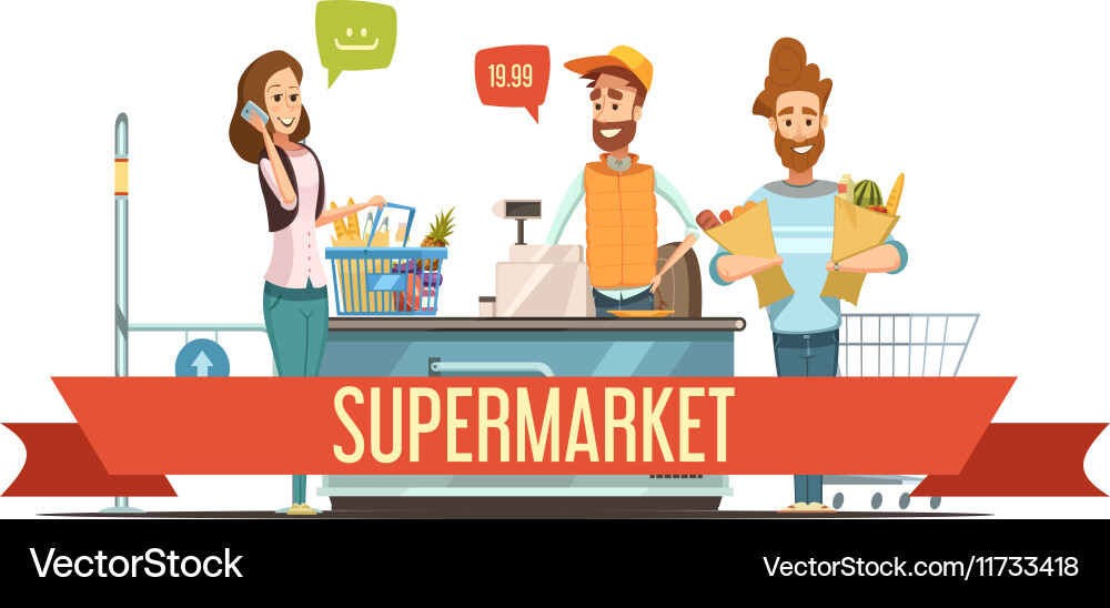 Customers At Supermarket Checkout Cartoon Royalty Free Vector Image ...