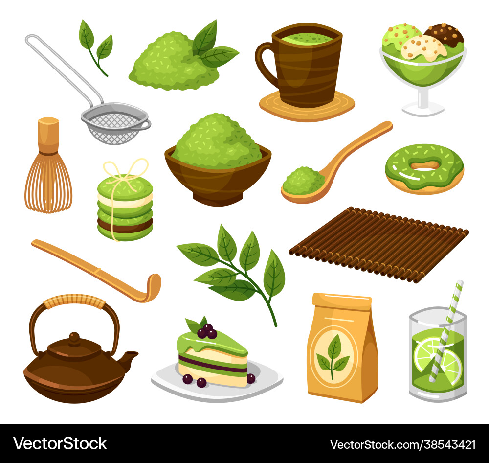 Collection matcha products isometric Royalty Free Vector