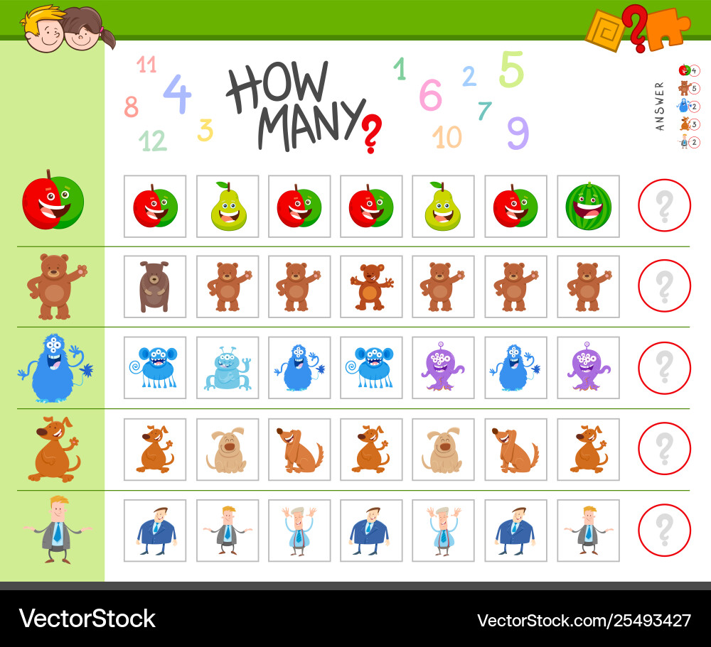 Counting task with cartoon characters Royalty Free Vector