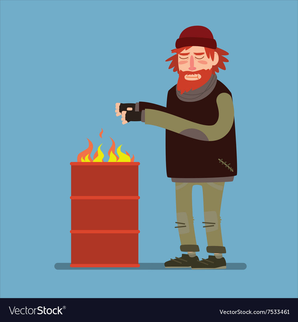 Sad homeless heated standing near barrel with fire Royalty Free Vector ...