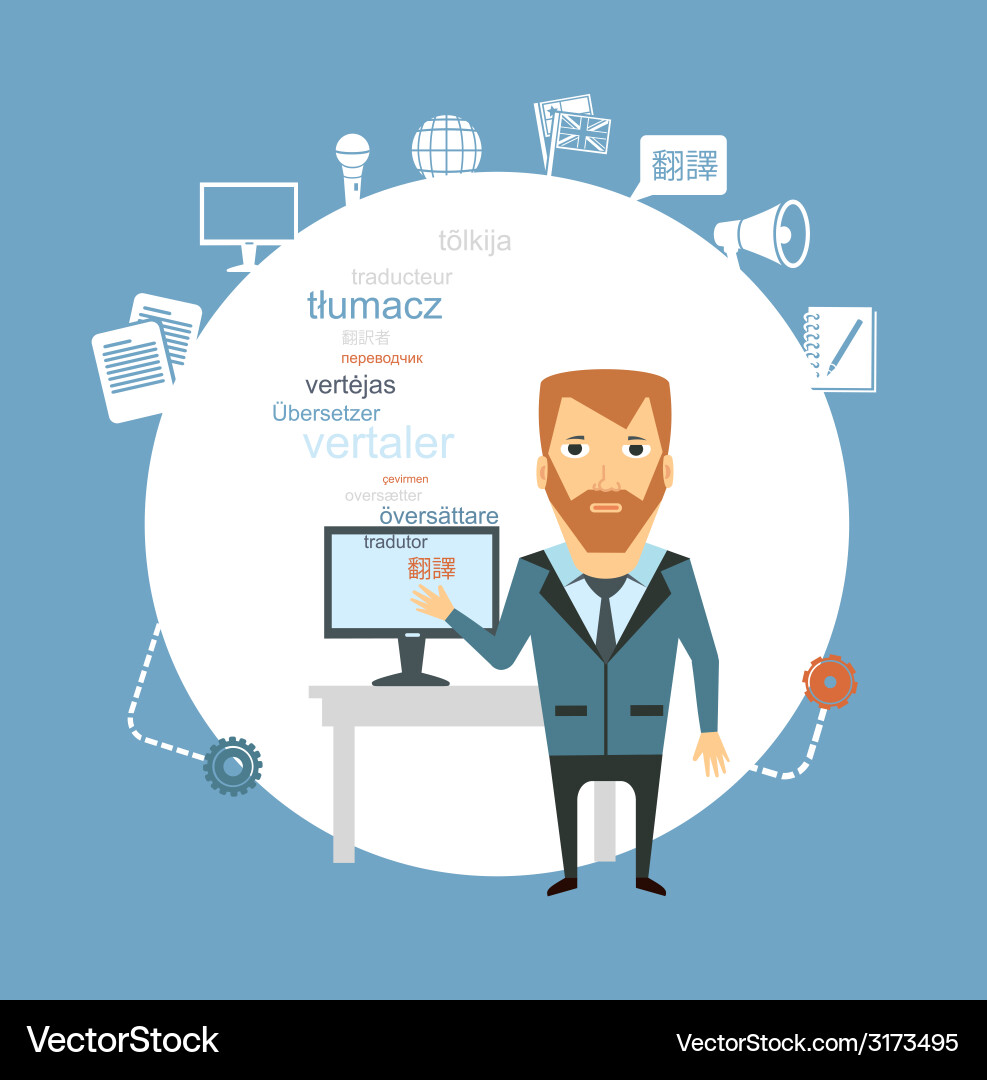 Translator translates the text in the computer Vector Image