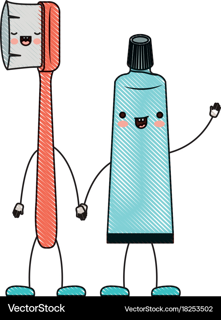 Toothbrush and toothpaste in cartoon holding hands