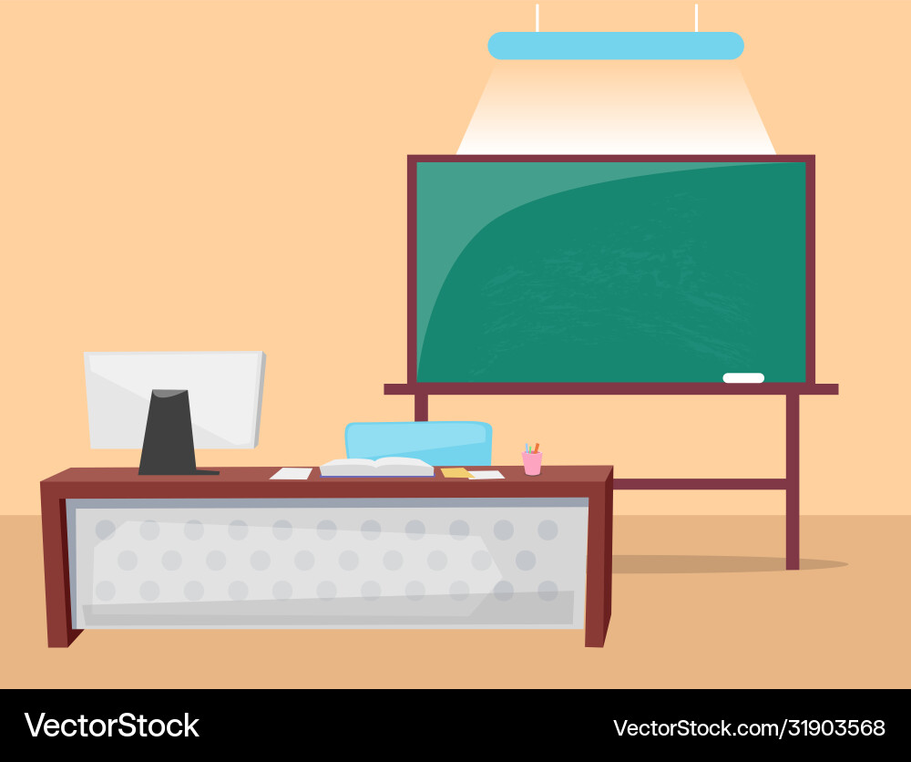 Classroom with blackboard and teacher table room Vector Image