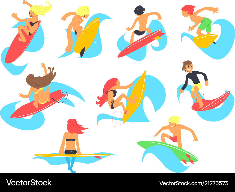 Surf people characters with surfboard riding waves