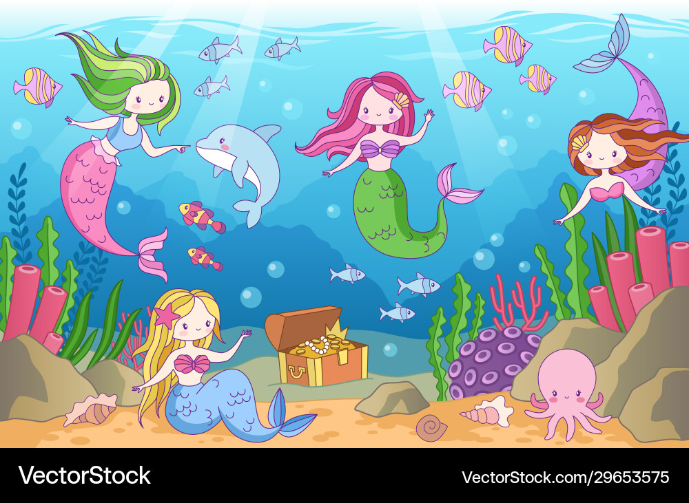 Underwater with mermaids seabed with mythical Vector Image