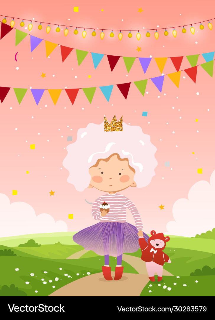 Cute little princess walks with a teddy bear Vector Image