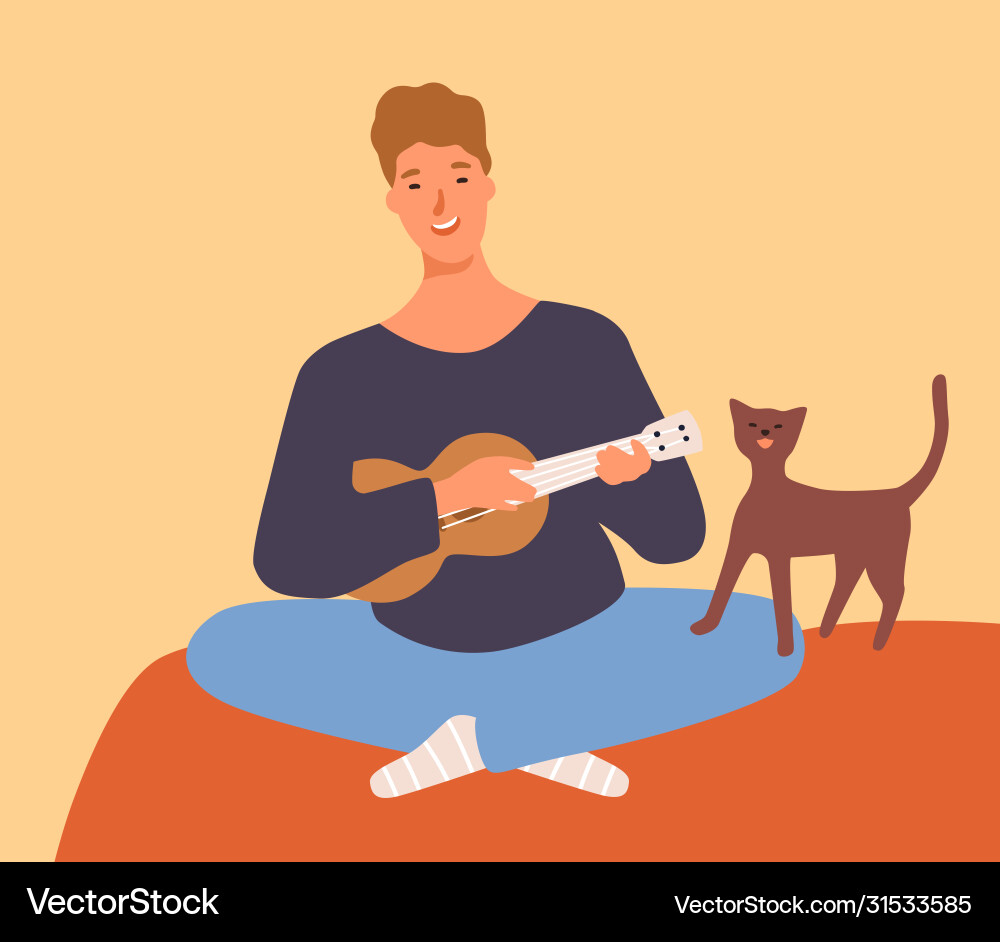 Joyful guy playing on ukulele and singing having Vector Image