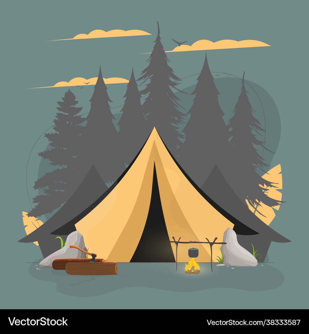 Banner on theme camping in forest tent Royalty Free Vector