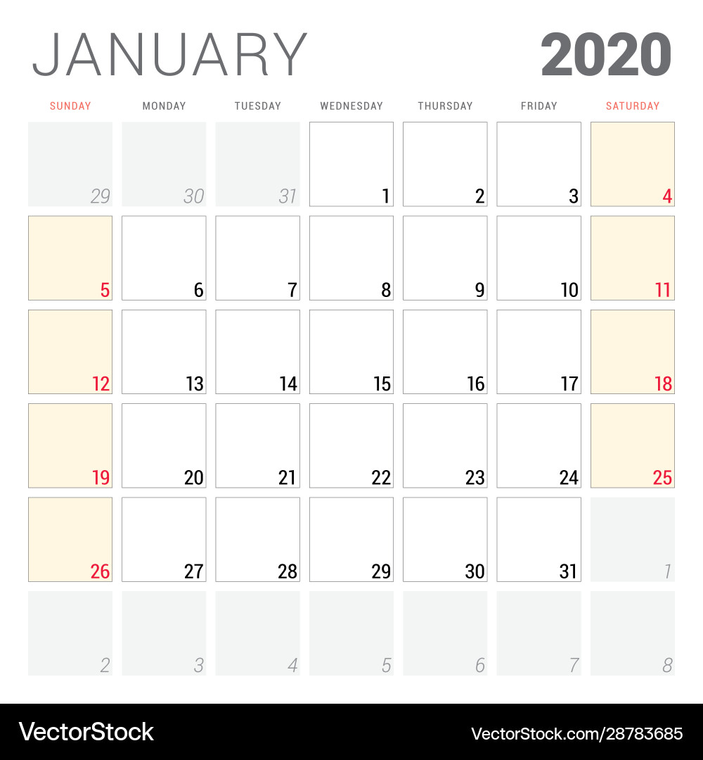 Calendar planner for january 2020 week starts Vector Image