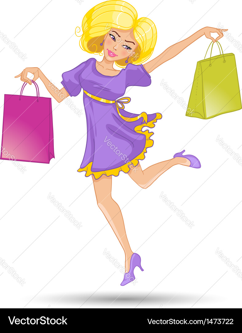 Cute cartoon girl jump with shopping bags Royalty Free Vector Image ...