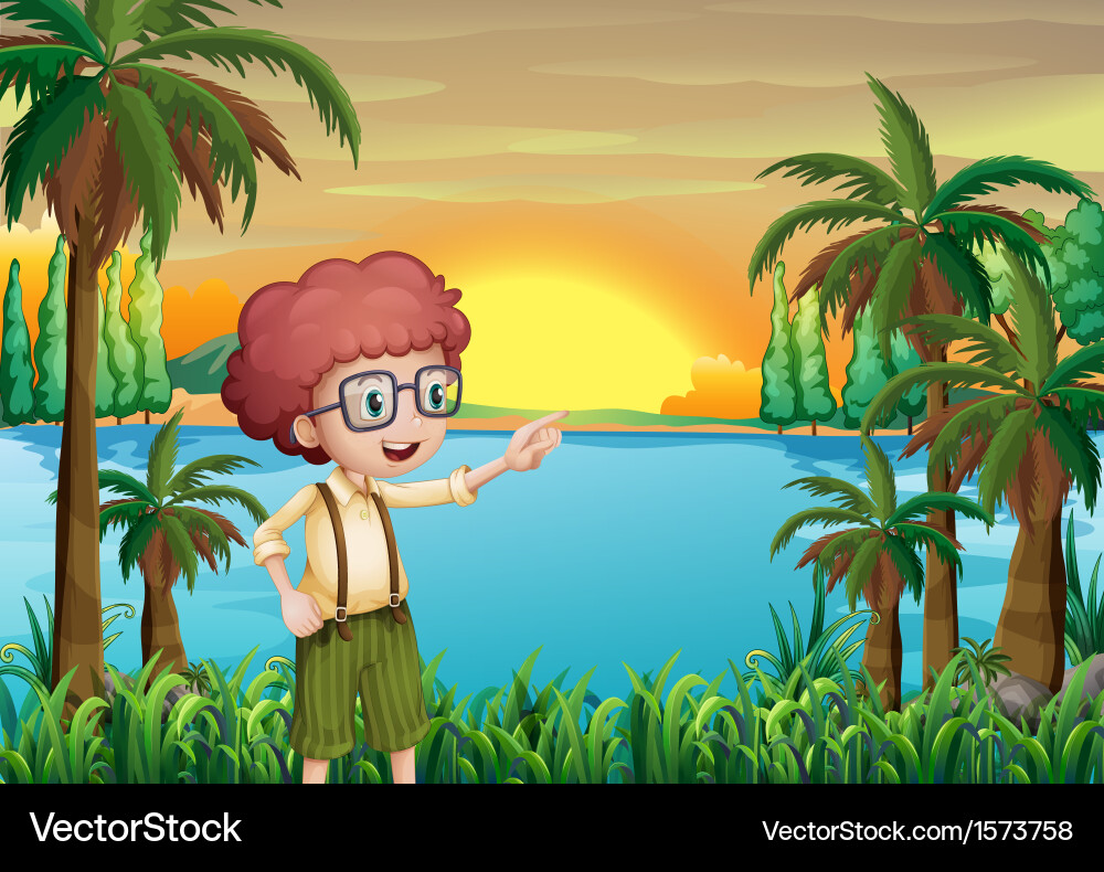 A young boy pointing at the trees Royalty Free Vector Image