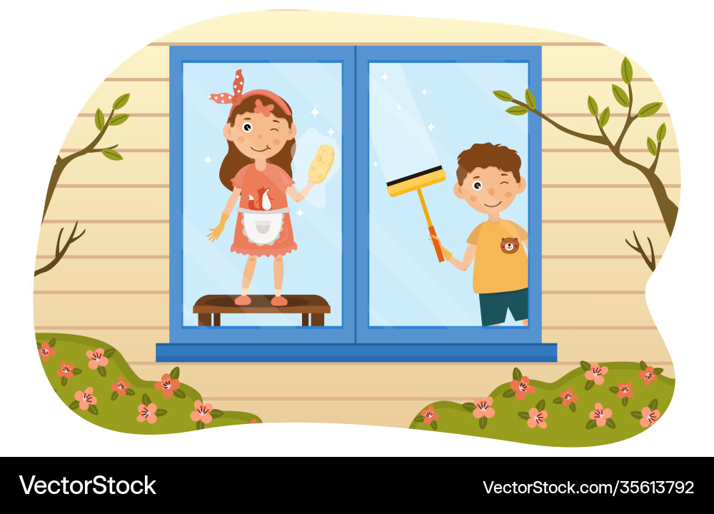 Two young kids washing windows Royalty Free Vector Image