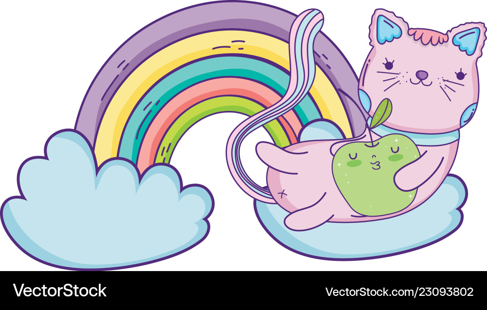 Cute cat with apple fresh and rainbow Royalty Free Vector