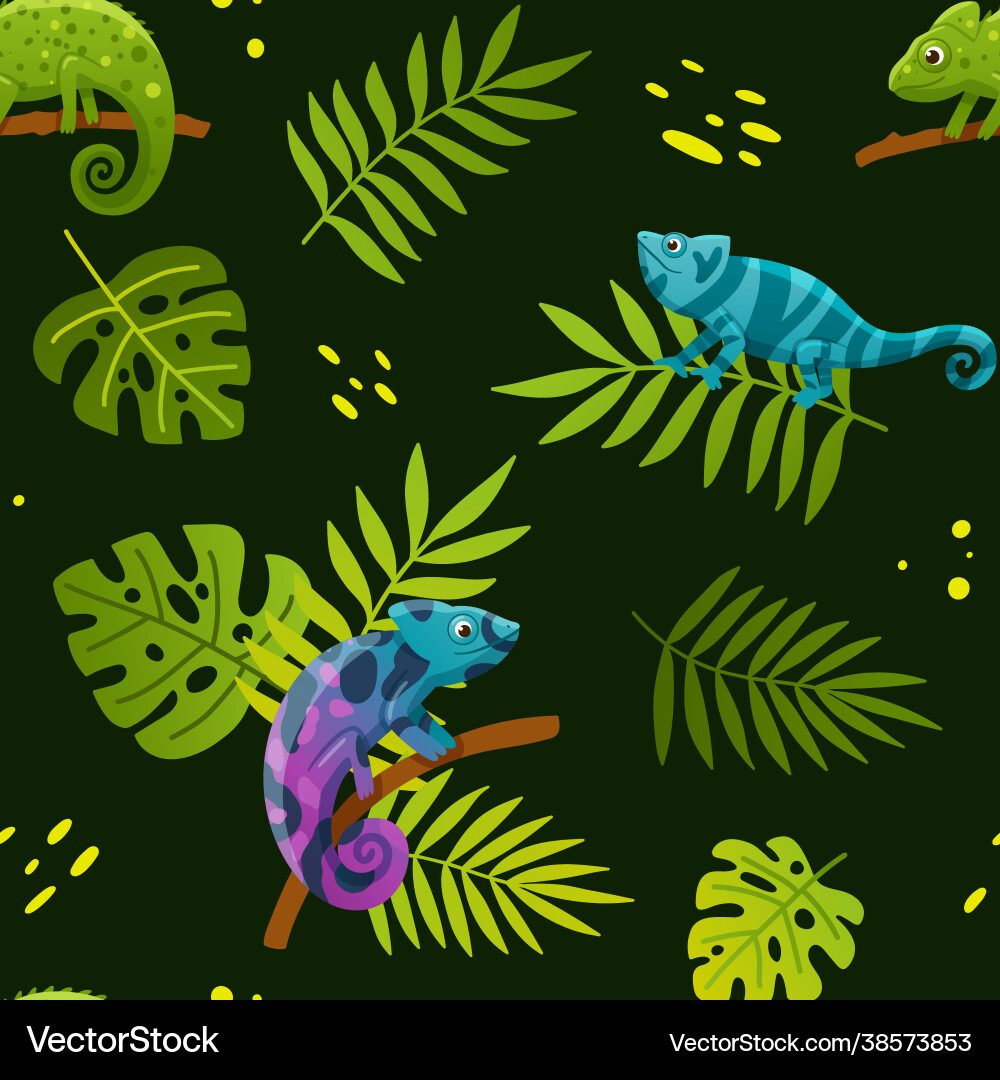 Seamless pattern with chameleons and tropical Vector Image