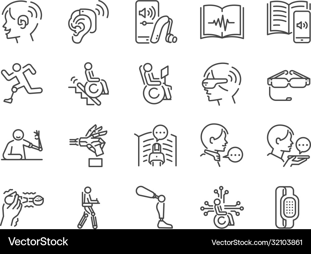 Disability with technology line icon set Vector Image