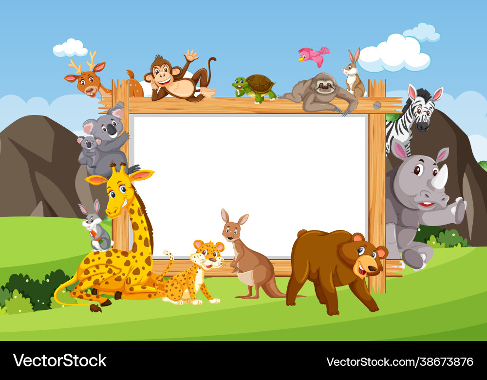 Empty wooden frame with various wild animals Vector Image