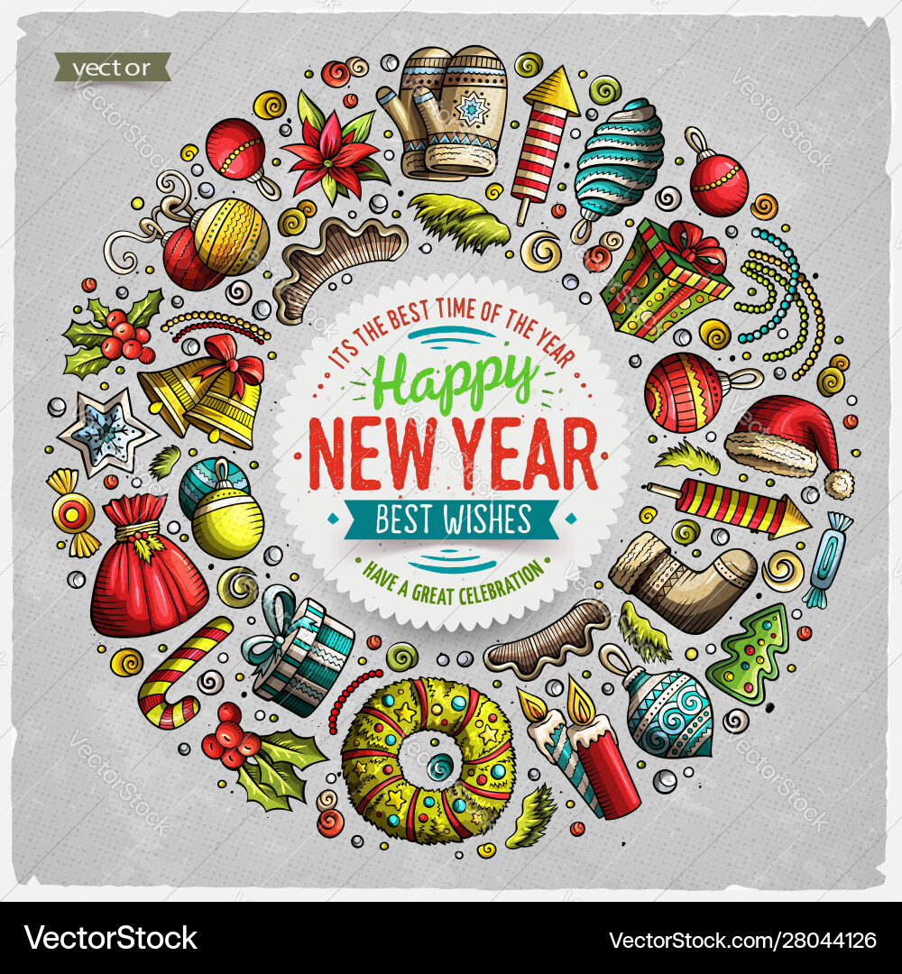 Set new year cartoon doodle objects round frame Vector Image