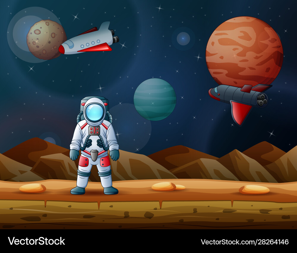 Astronaut and rocket landed on a moon with alien p