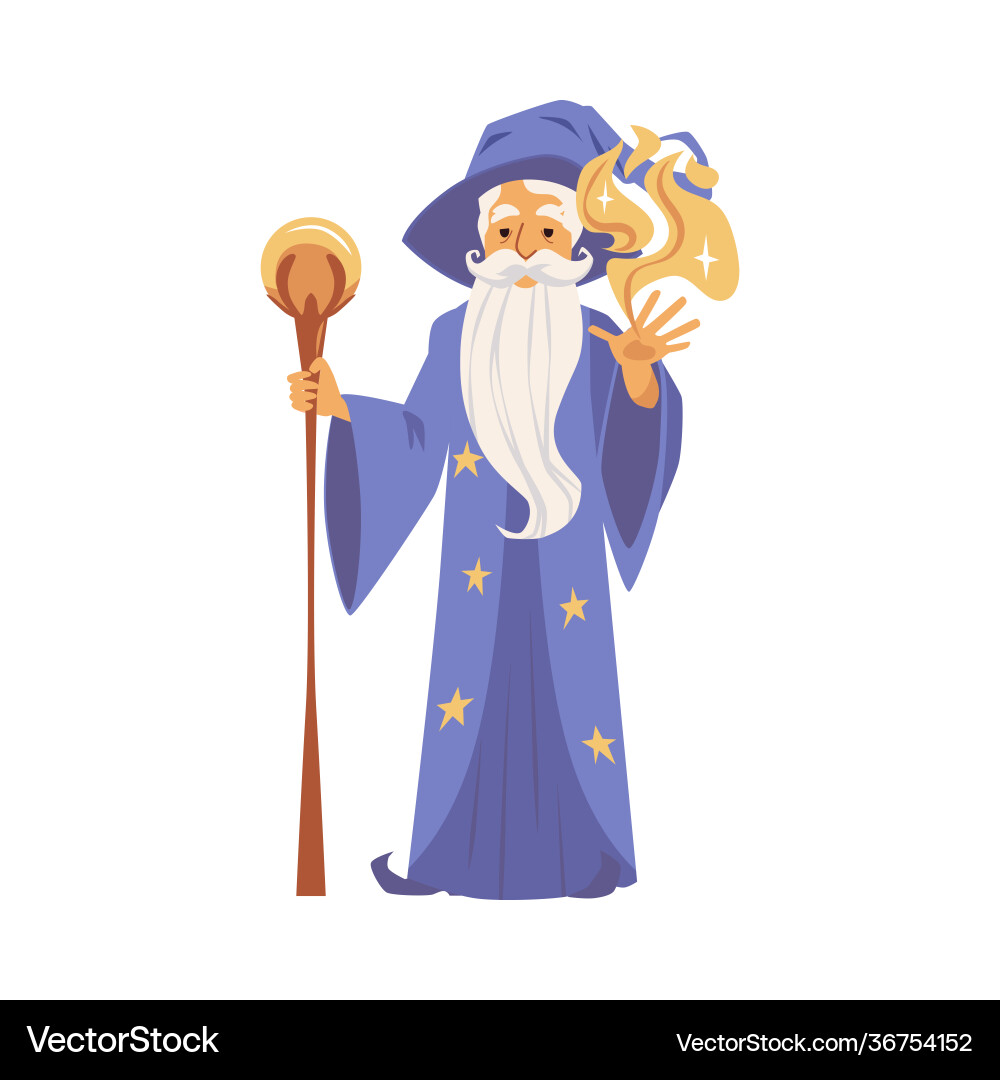 Cartoon wizard casting magic spell - old man Vector Image