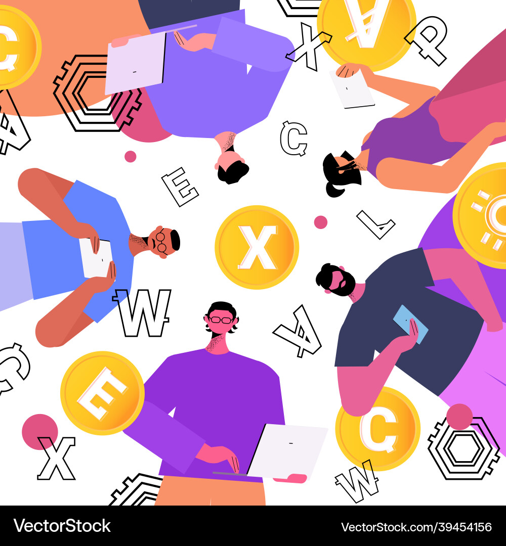 Businesspeople holding different virtual money Vector Image